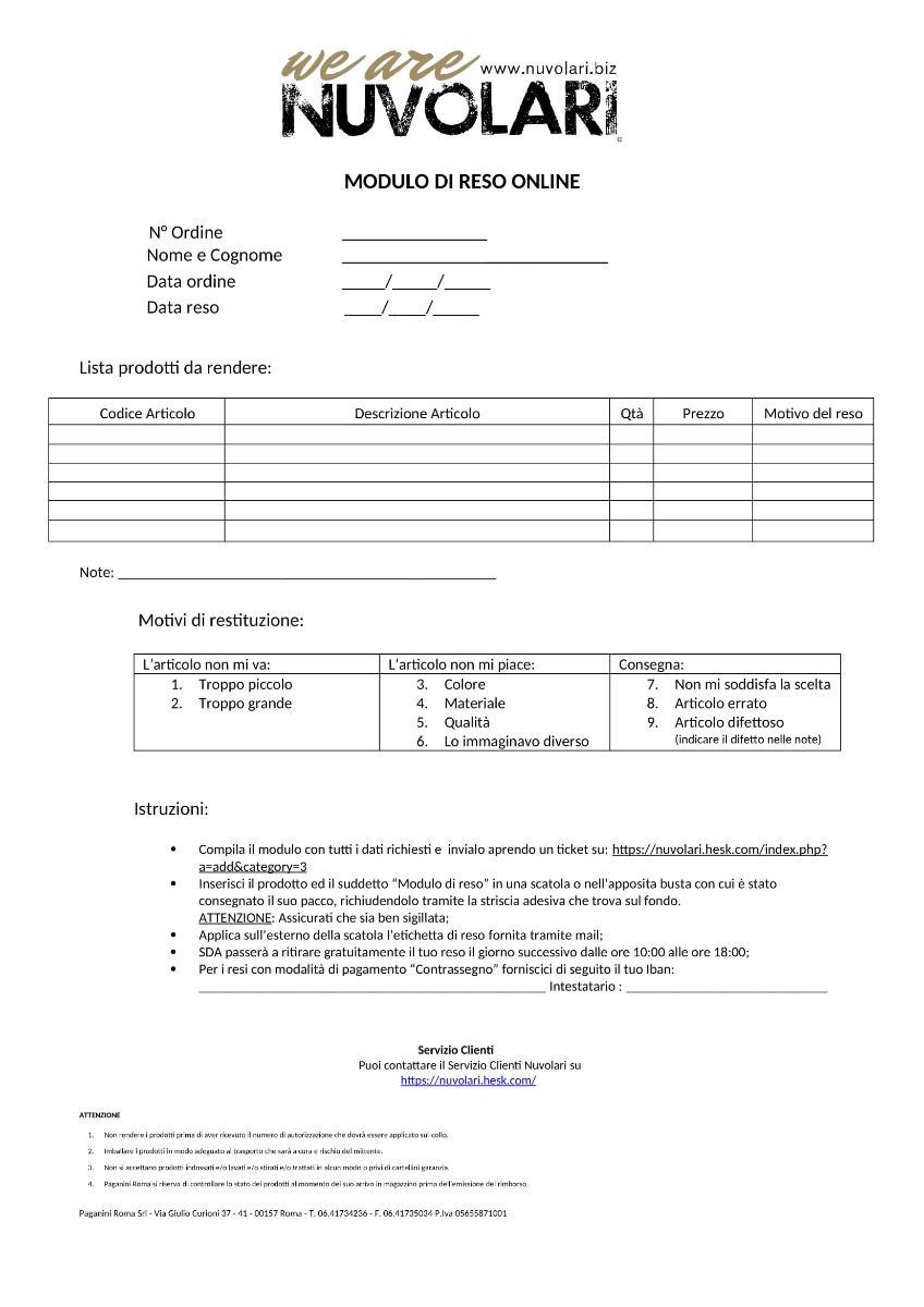 Resi, Rimborsi e Cambi | Nuvolari.biz